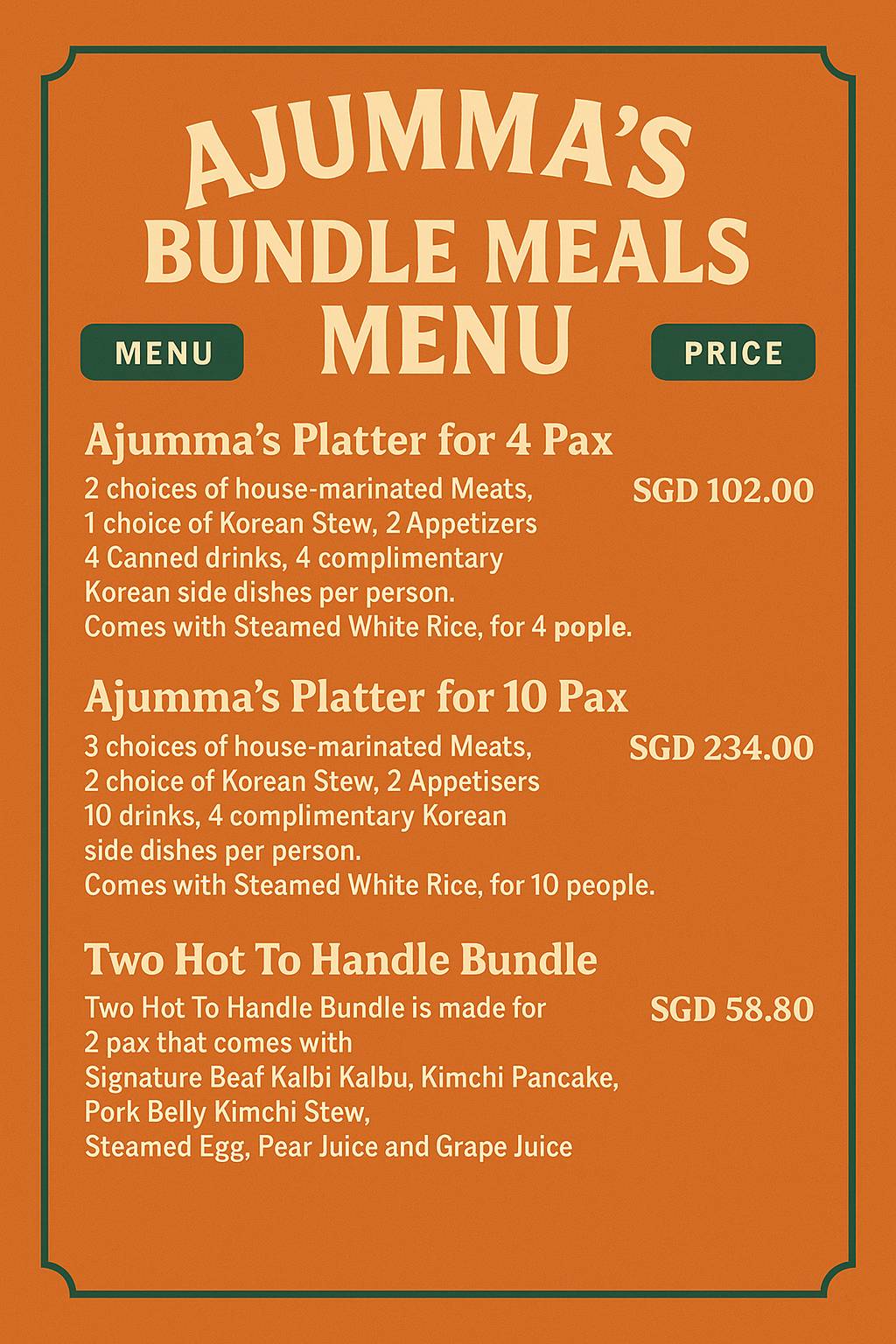 AJUMMA’S MENU SINGAPORE PRICES 2025